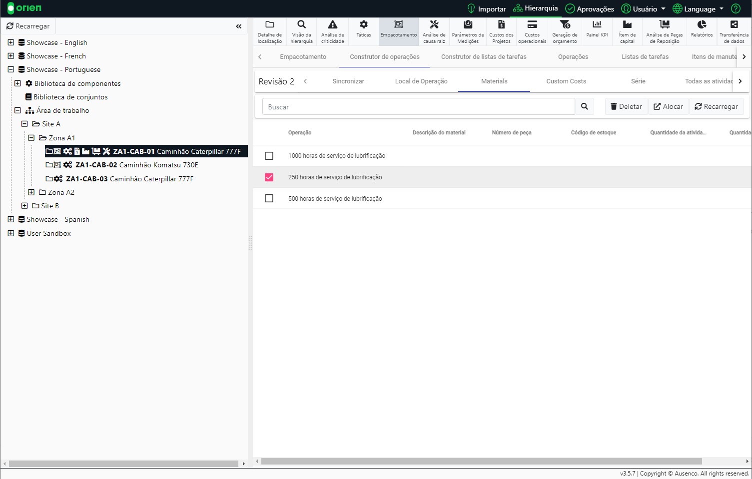 Materiais de Operação e Custos Personalizados – Orien Guia do Usuário